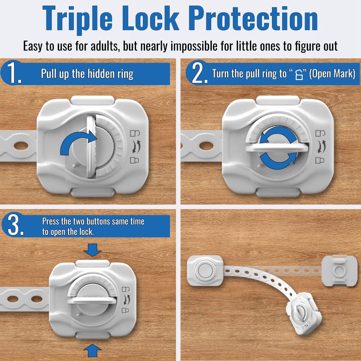 JOINPRO 6 Pack Safety Child Locks for Cabinets & Drawers, Fridge, Toilet, Latches, Baby Proofing Strap Locks with 6 Extra 3M Adhesives; Triple Lock Protection (Easy Installation, No Drilling Required)