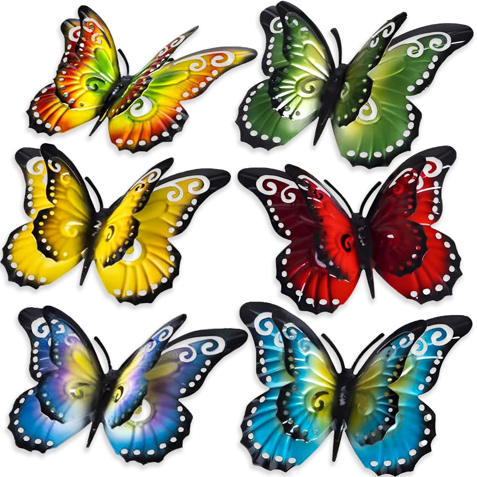 LLdress 6 Pack Metal Butterfly Wall Decor - 3D Butterfly Wall Sculpture Colorful Outdoor Wall Art Iron Hannging Decoration for Patio, Garden, Yard, Living Room - Handmade Gift Fence Decoration