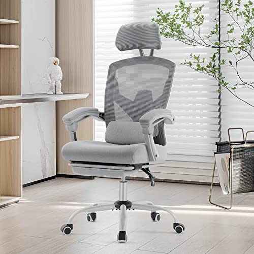 OLIXIS Gaming Ergonomic Foot Rest Reclining, High Back Mesh Home Office Computer Desk Chair with Wheels, Adjustable Headrest, Grey