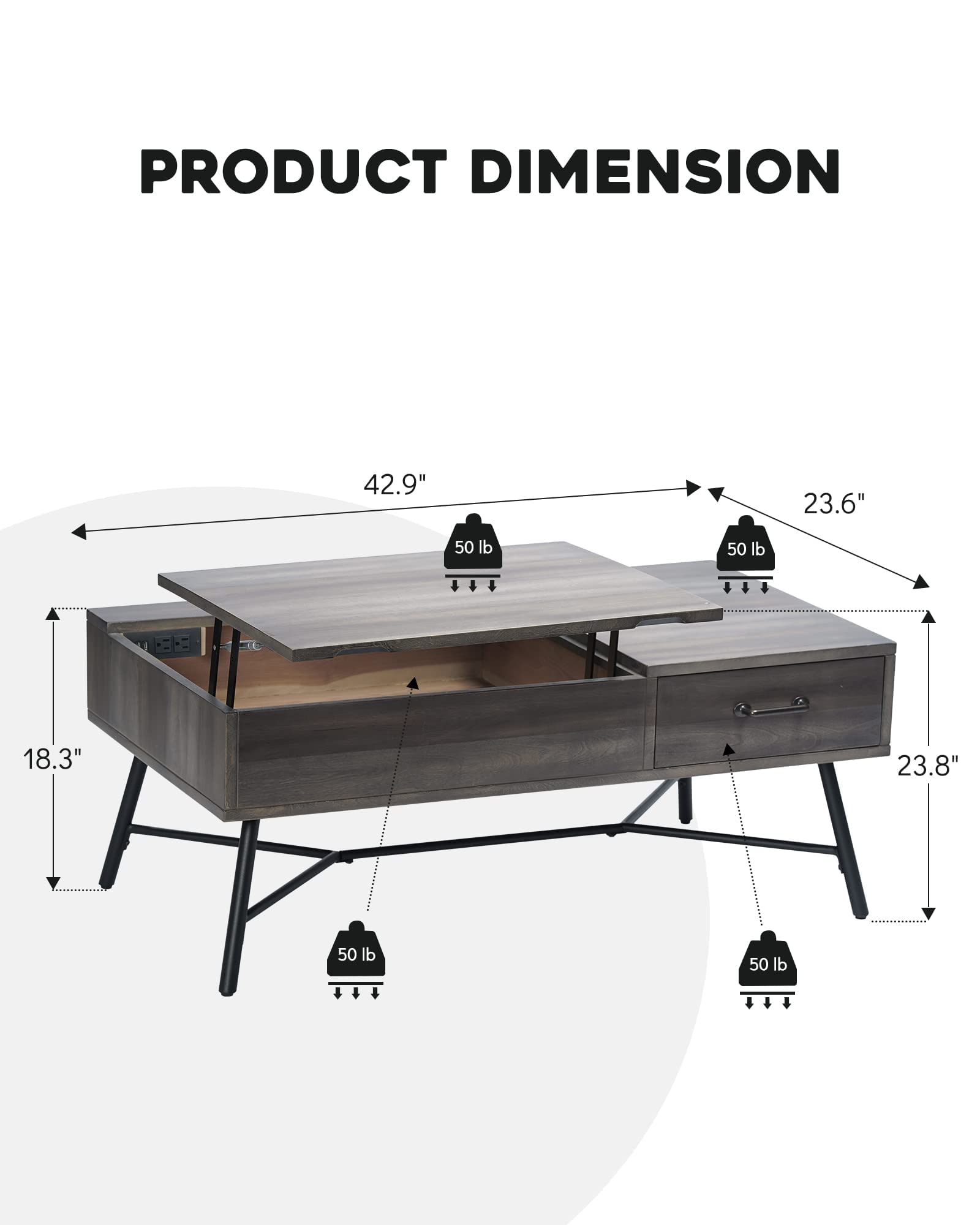 GREATUNE MCM Coffee Table for Living Room, Slide Top Coffee Tables, Rustic Natural Wood Veneer Coffee Table with Open Storage, Mid Century Coffee Table for Reception Home Office, Metal Legs, 31-Grey