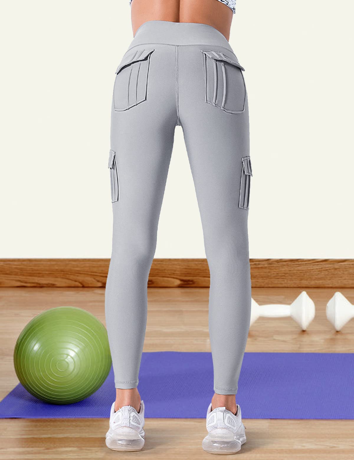 houstil Women's Yoga Pants with Pockets High Waisted Tummy Control Stretch Workout Leggings Light Grey XL