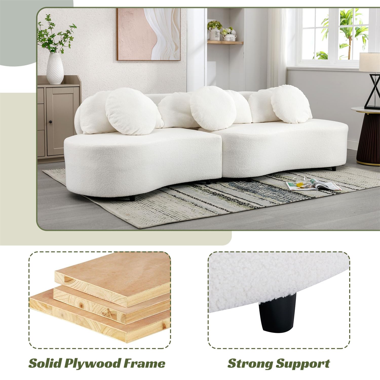 Polibi 103.9" L Modern Sofa with 3 Pillows, Velvet Upholstered Couch Unique Curved Shape for Living Room, Bedroom, Office, Beige