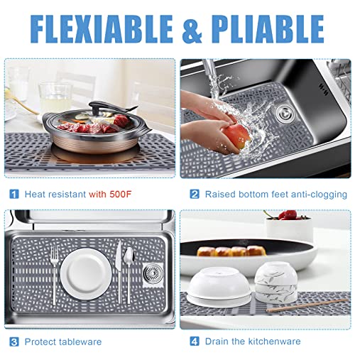 JUSTOGO Sink Protectors for Kitchen Sink,Silicone Sink Mat Grid Accessory 26 "x 13 ",1 PCS Non-slip Grey Sink Mats for Bottom of Kitchen Farmhouse Stainless Steel Porcelain Sink