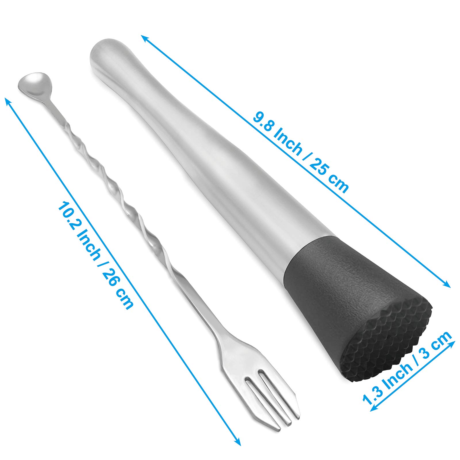 LNYFOUG 10 Inch Stainless Steel Cocktail Muddler and Mixing Spoon Ideal Home Bar Bartenderās Tool Sets for Mojito and Other Fruit Drinks