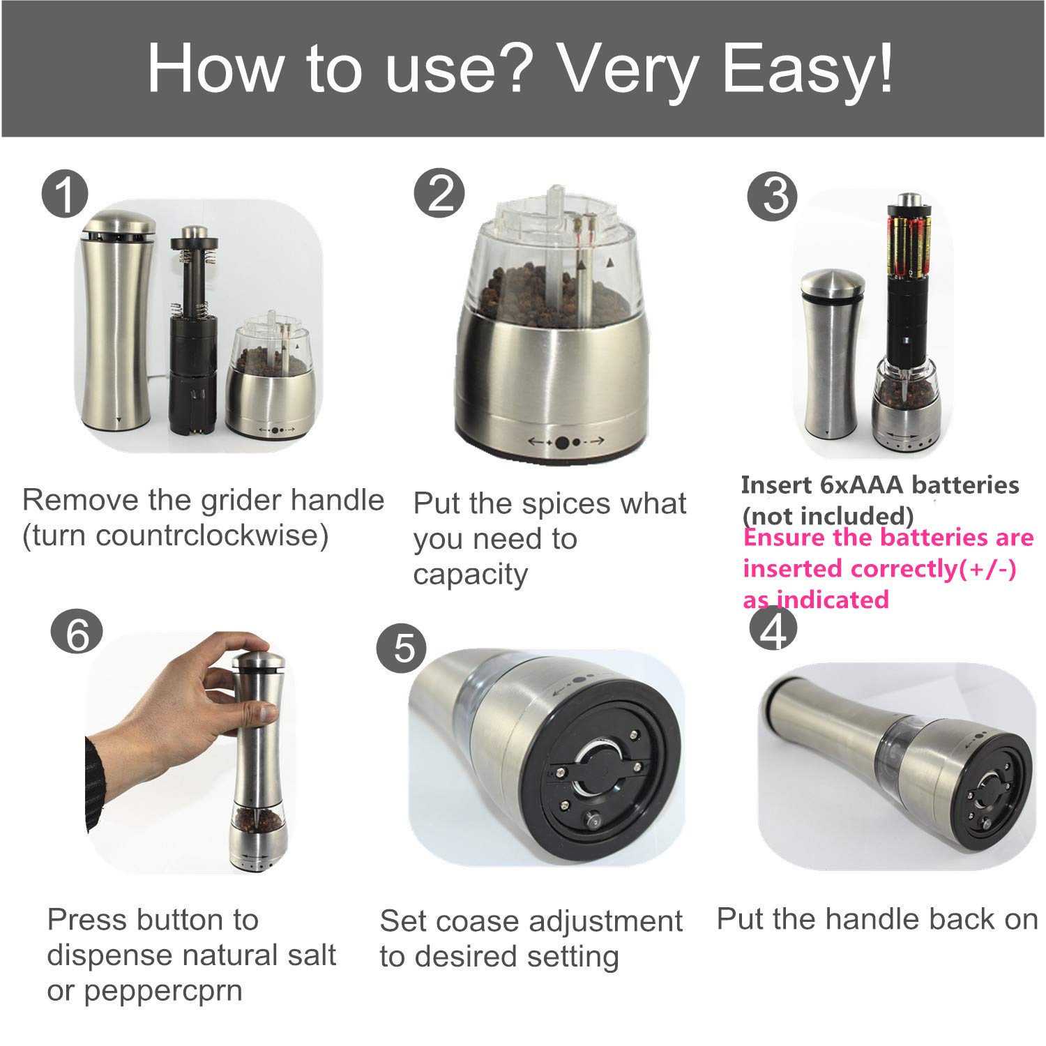 HQGSJ Electric Salt and Pepper Grinder,Battery Operated with LED Light,Stainless Steel Automatic Mill,Adjustable Ceramic Coarseness Salt grinder and pepper Mill (ONE PACK)