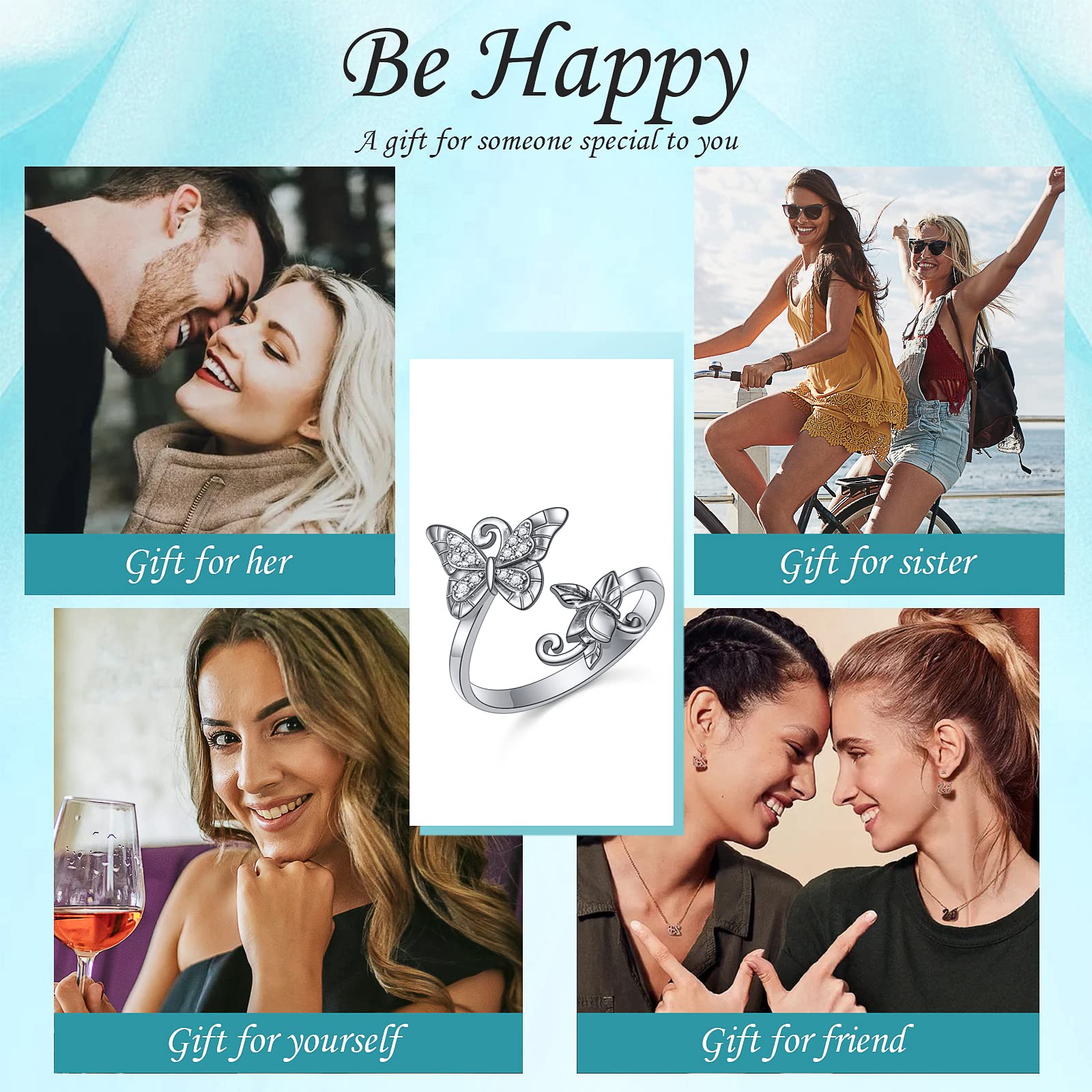 HOOHWE 925 Sterling Silver Butterfly Ring for Women,Adjustable Size,Adjustable Size