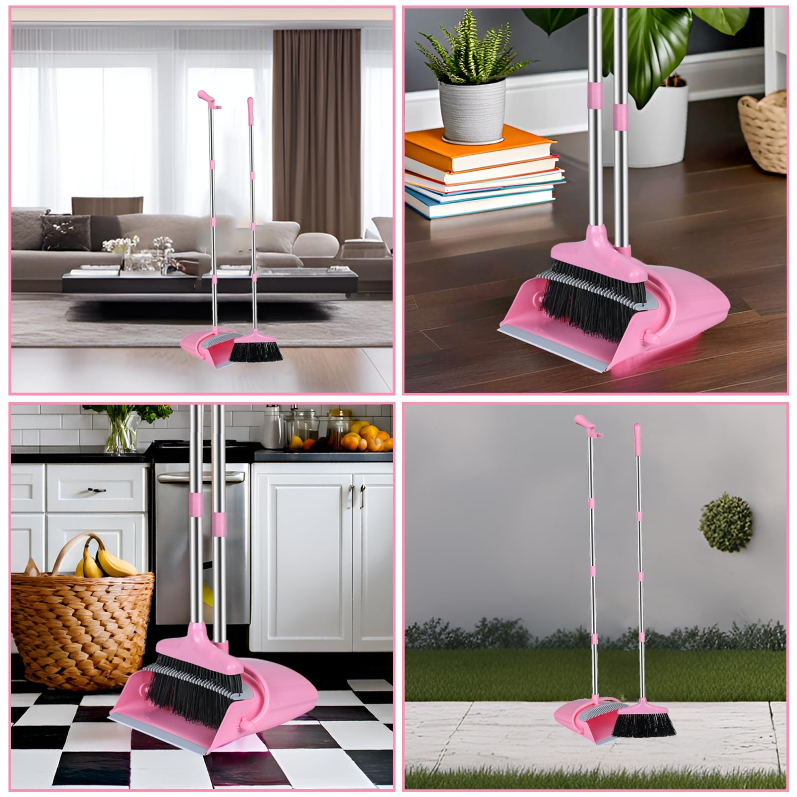 Pink Broom and Dustpan Set, Broom with Dustpan Combo Set for Home Office Kitchen(Pink)