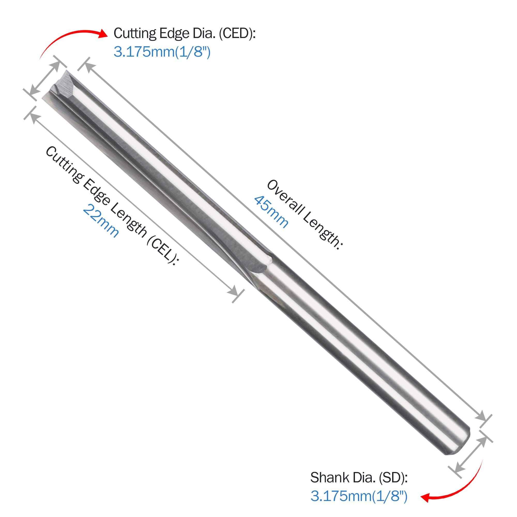 HQMaster CNC Router Bits 1/8 Router Bit Straight Router Bit 1 8 Shank Straight Flute End Mill Cutter 2-Flute Milling Cutting Tungsten Steel 22mm CEL/45mm OAL for MDF PVC Acrylic Chipboard Wood 10 Pack