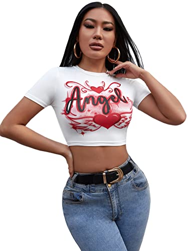 SOLY HUX Women's Graphic Tees Y2k Crop Top Short Sleeve T Shirt Tee Summer Tops White M