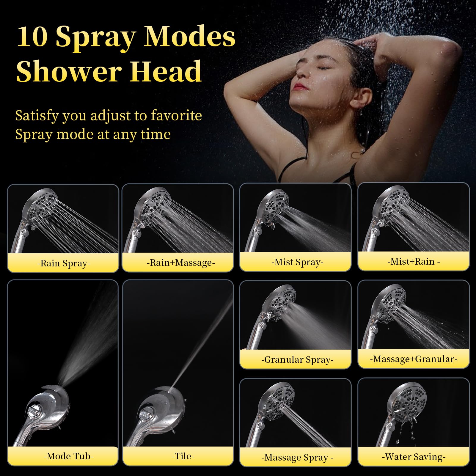 High Pressure 10-mode Handheld Shower Head Set with 60" Hose, ROOSSI Detachable Filter Shower Head with ON/OFF Pause Switch Built-in 2-Mode Tub & Tile Power Wash (Chrome)