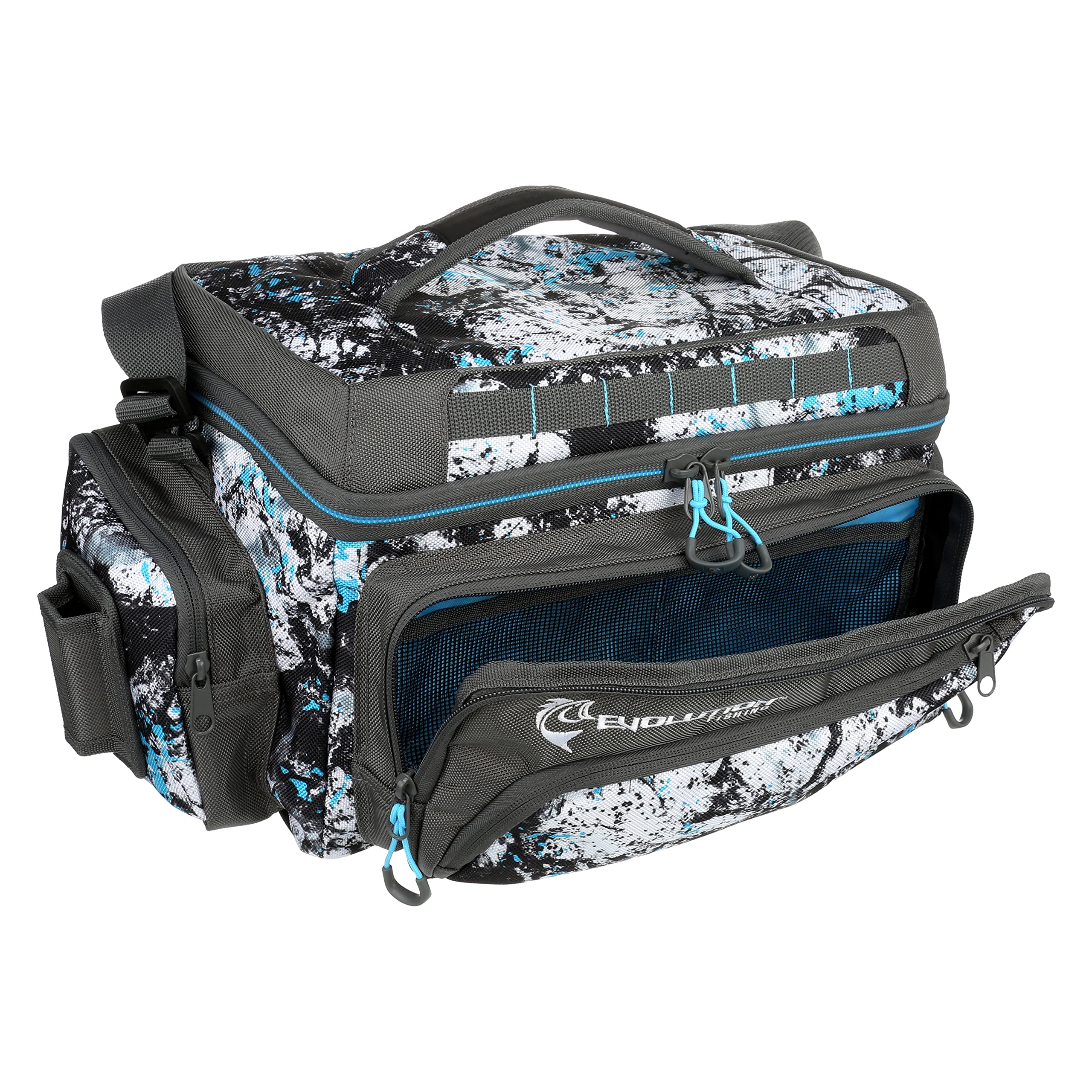 Evolution Fishing Largemouth 3700 Tackle Bag - 19" in, Water Camouflage, Outdoor Carry Bag w/ 3 Fishing Trays, Plier Holster, Tackle Box Storageā¦