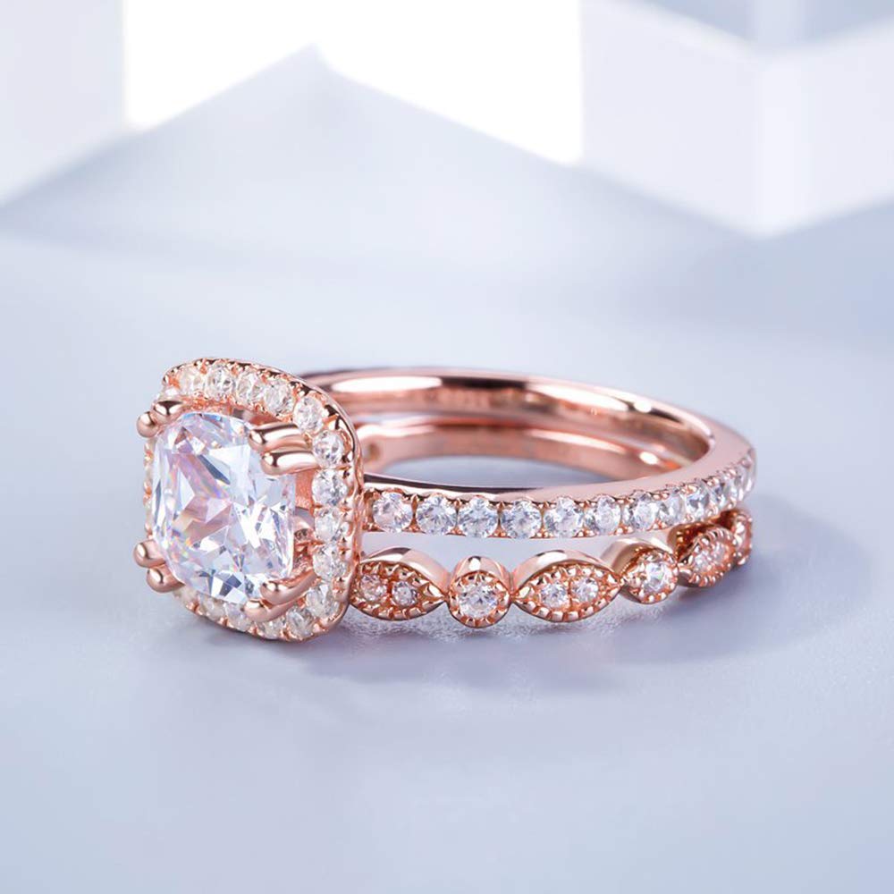 Greendou Fashion Jewelry 14k Rose Gold Plated Sterling Silver Round Clear Zirconia Flower Halo Ring Set (10)