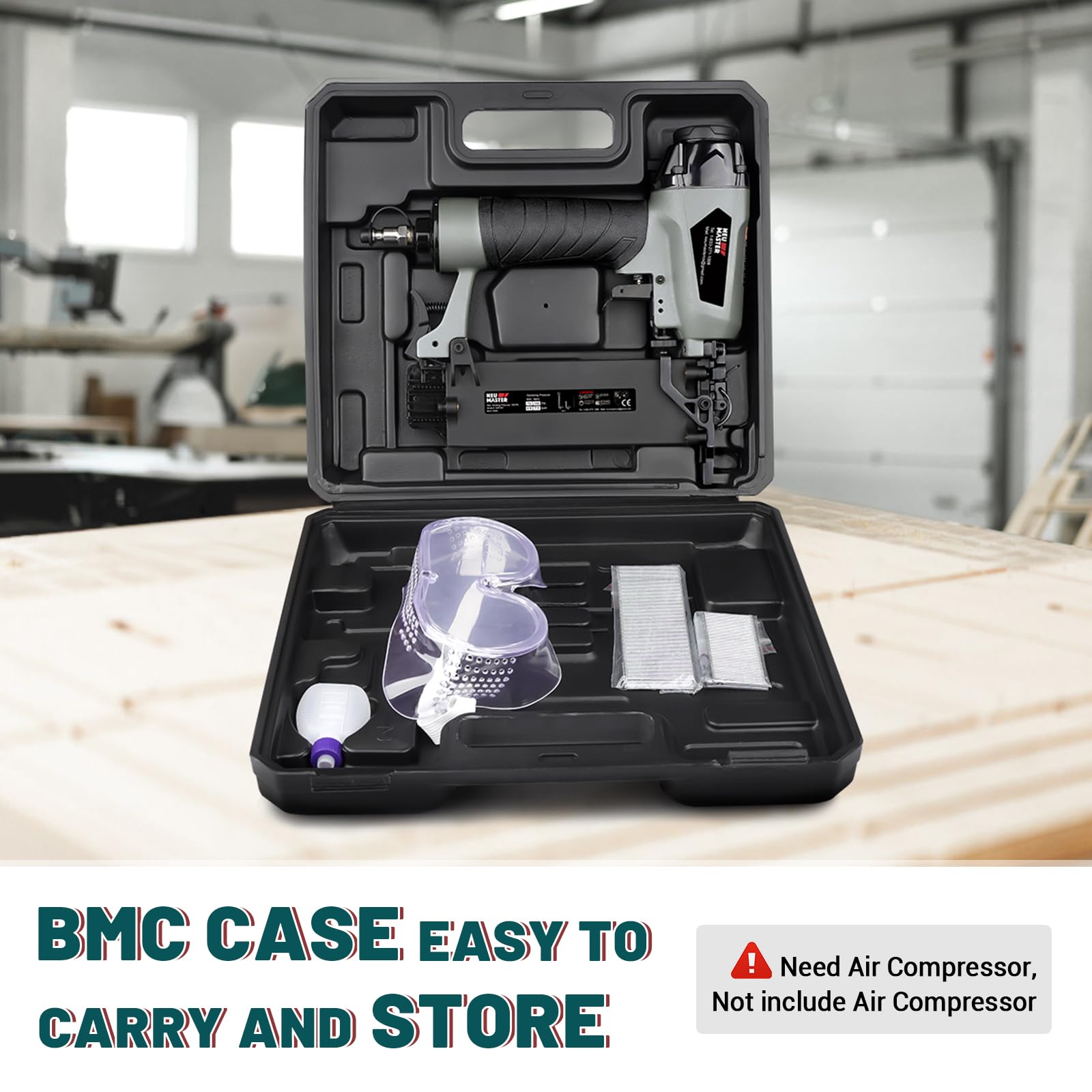 NEU MASTER Pneumatic Brad Nailer, 18 Gauge Nail Gun Fires 5/8-Inch to 2-Inch Brad Nails with Carrying Case, Safety Glasses, 800pcs Nails