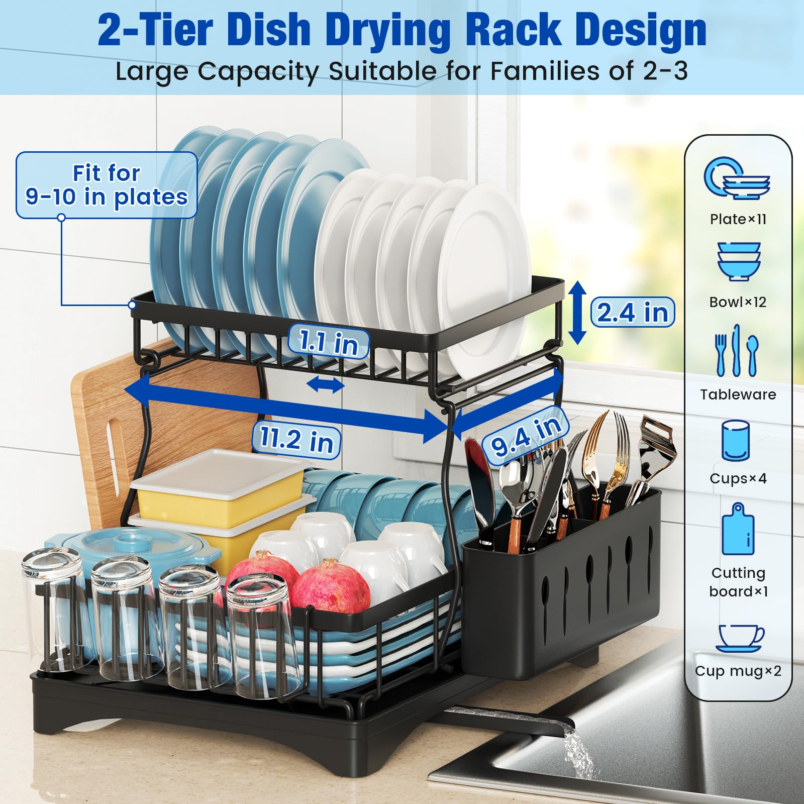 IVMAIE 2 Tier Dish Drying Rack, Auto-Drain Dryer Racks with 270° Rotating Spout, Stainless Steel Large Dish Drainers with Drainboard, Utensil Holder, Cutting Board Holder for Kitchen Counter, Black