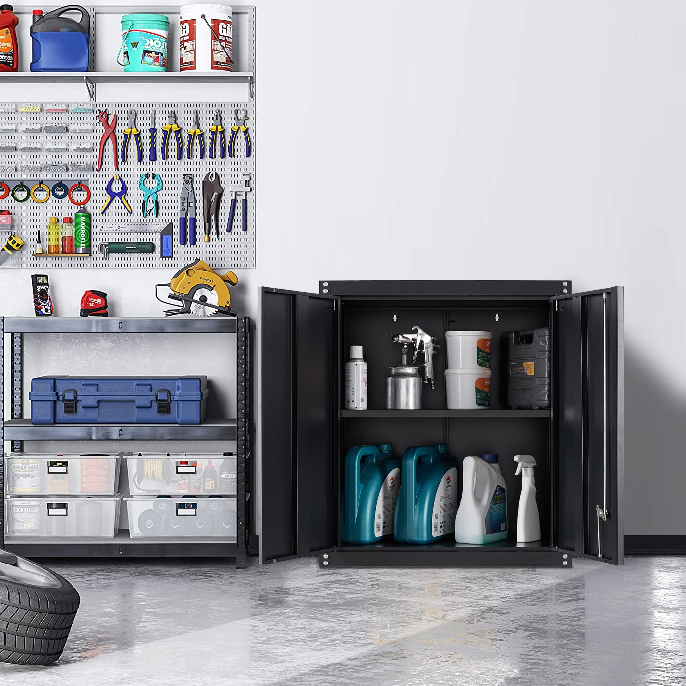 GEDELITE Metal Storage Cabinet with Lock and Doors,Steel Garage Wall Storage Cabinet,Garage Upper Cabinet,Wall Mounted Metal Cabinet for Garage, Black