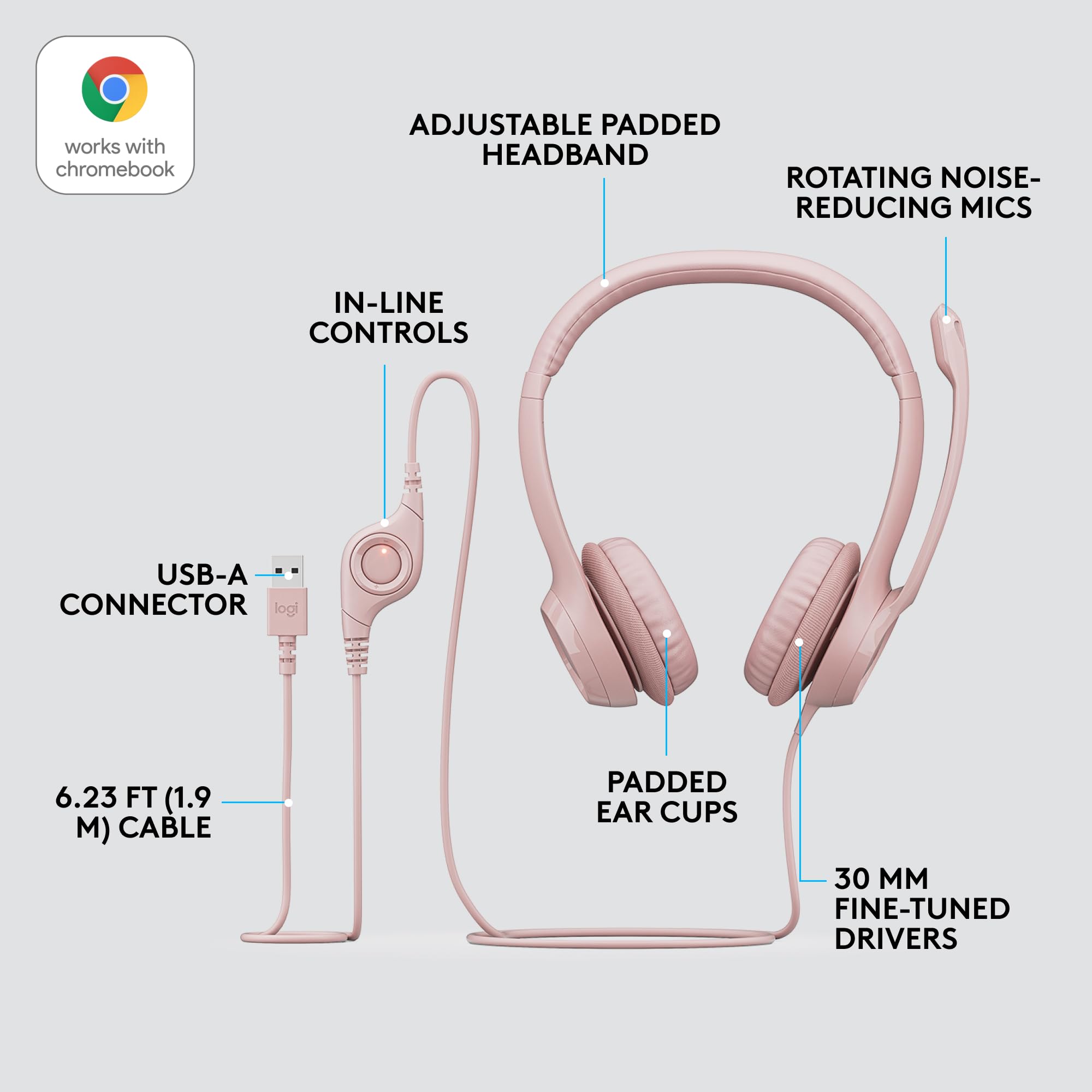 Logitech H390 Wired Headset for PC/Laptop, Stereo Headphones with Noise Cancelling Microphone, USB-A, in-Line Controls for Video Meetings, Music, Gaming and Beyond - Rose