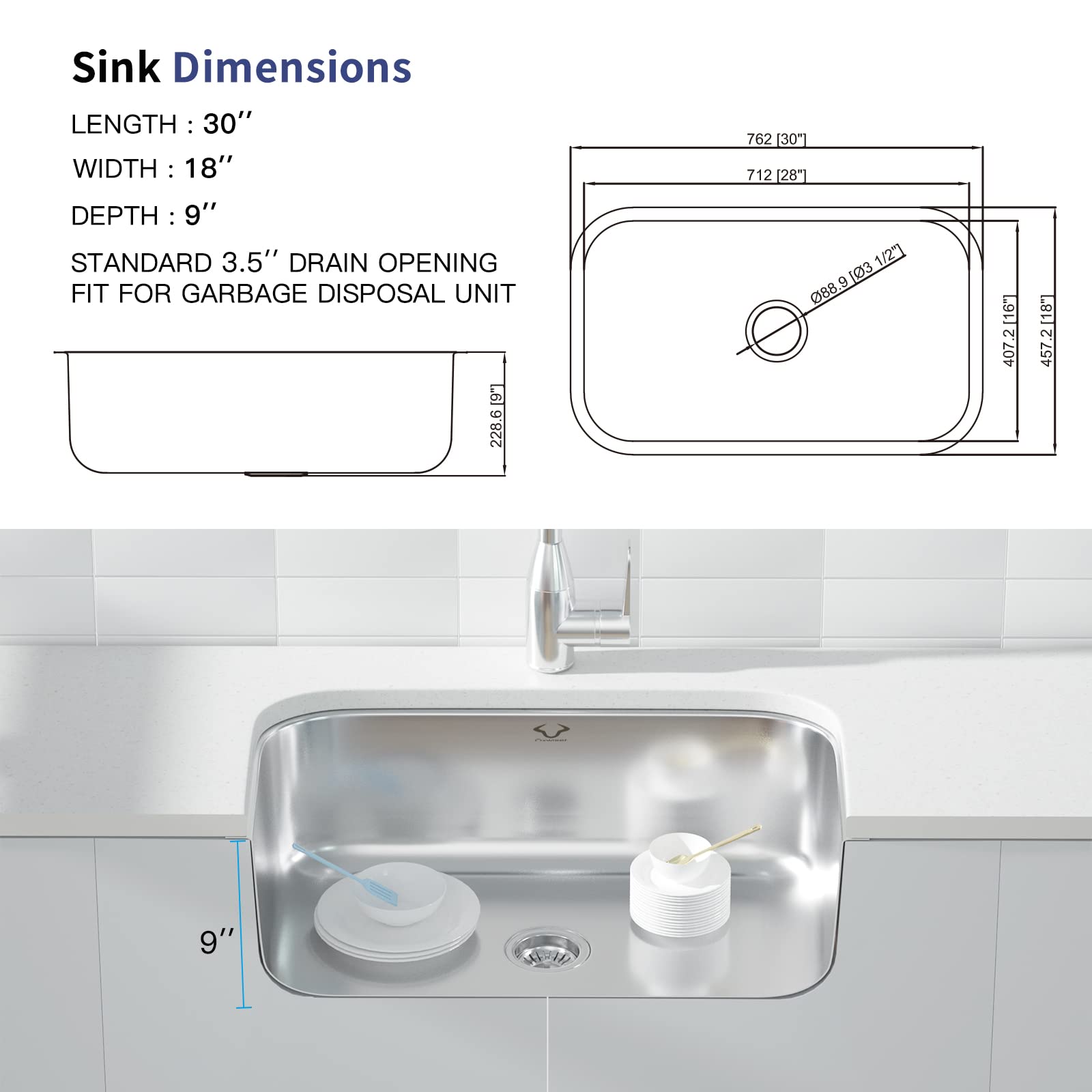 Kitchen Sinks, Oxwiser 30 inch Undermount Kitchen Sink, Single Bowl Kitchen Sink 16 Gauge Stainless Steel Sink, Fits 33" Cabinet