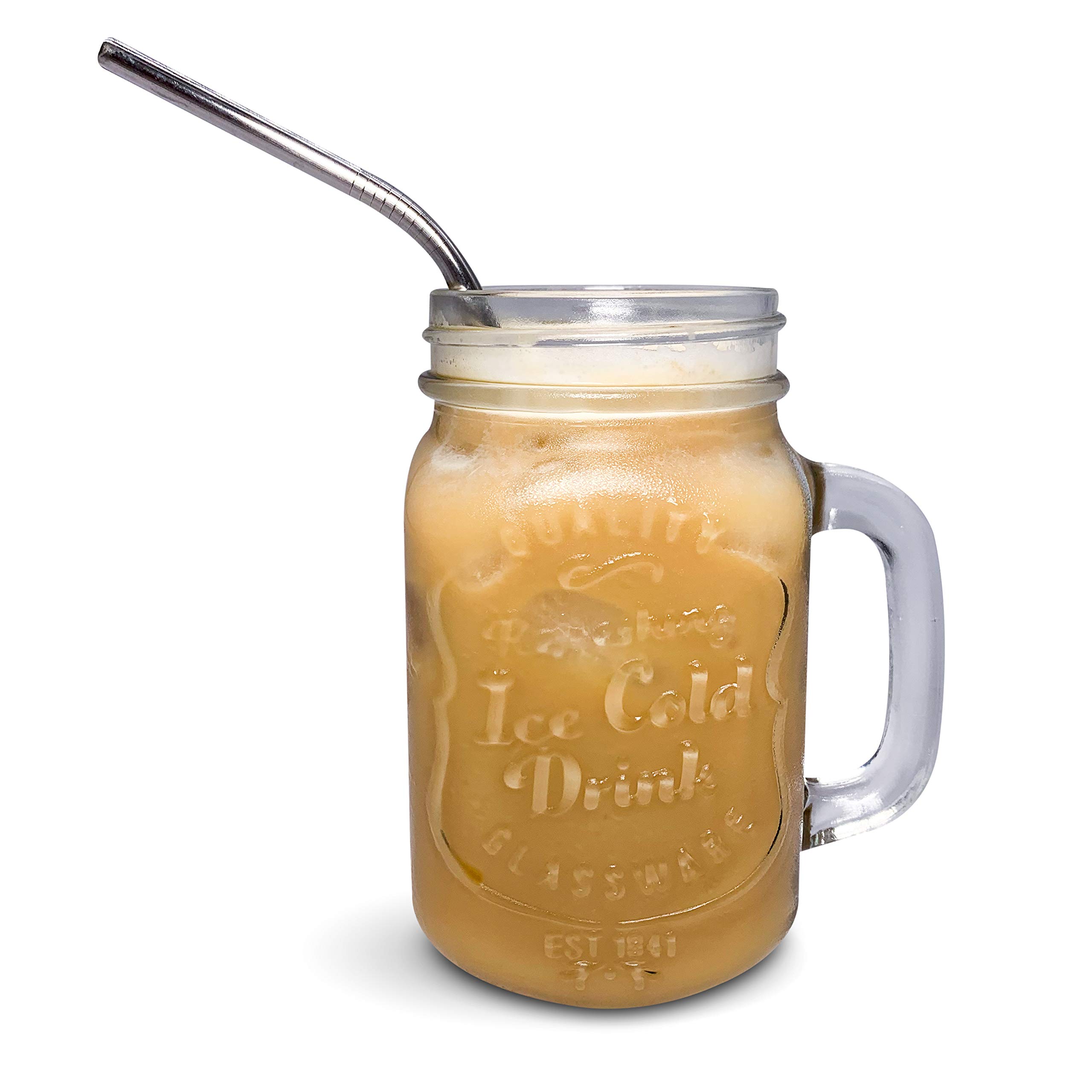 Home Suave Mason Jar Mugs with Handle, Regular Mouth, White Lids with 4 Reusable Stainless Steel Straw, Set of 4 (White), Kitchen GLASS 16 oz Jars, Dishwasher Safe