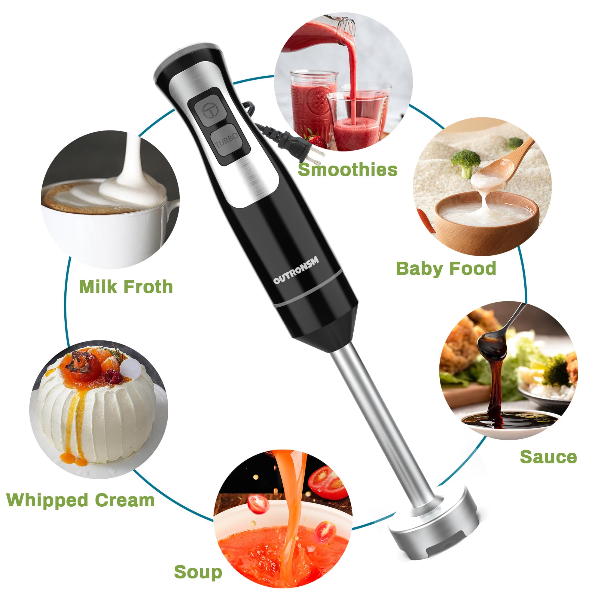 Immersion Blender Handheld, OUTRONSM Hand Blender with 4-point thickened SS blades, Milk Frother, Egg Whisk for Coffee Milk Foam, Puree Baby Food, Smoothies, Sauces and Soups โ Black