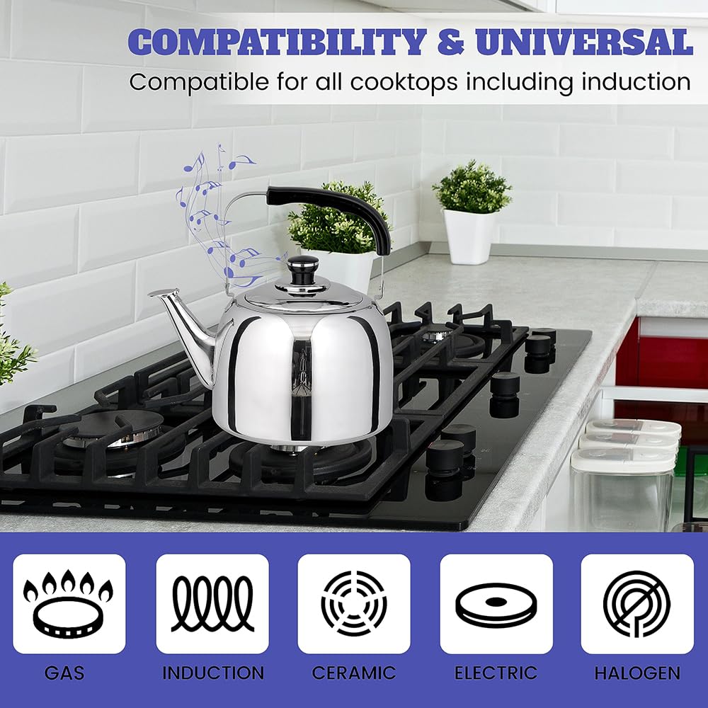 TtAk HOUSEWARE Tea Kettle Stovetop Movable Handle | Stainless Steel Stovetop Loud Whistling Fast Boiling Tea Kettle Cool Grip Bakelite Handle | Food Grade Tea Pot Thin Fast Heating Base (5 Liter)