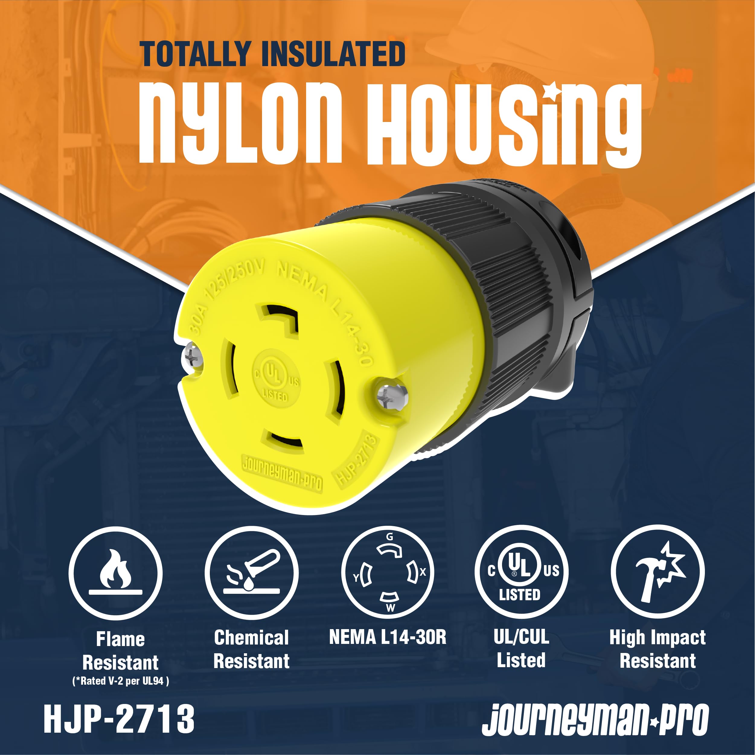 Journeyman-Pro 2713 30 Amp, 125/250 Volt, NEMA L14-30R, 3P, 4W, Locking Plug Connector, Black Industrial Grade, Grounding 7500 Watts Generator Rating (L14-30R (Female Plug))