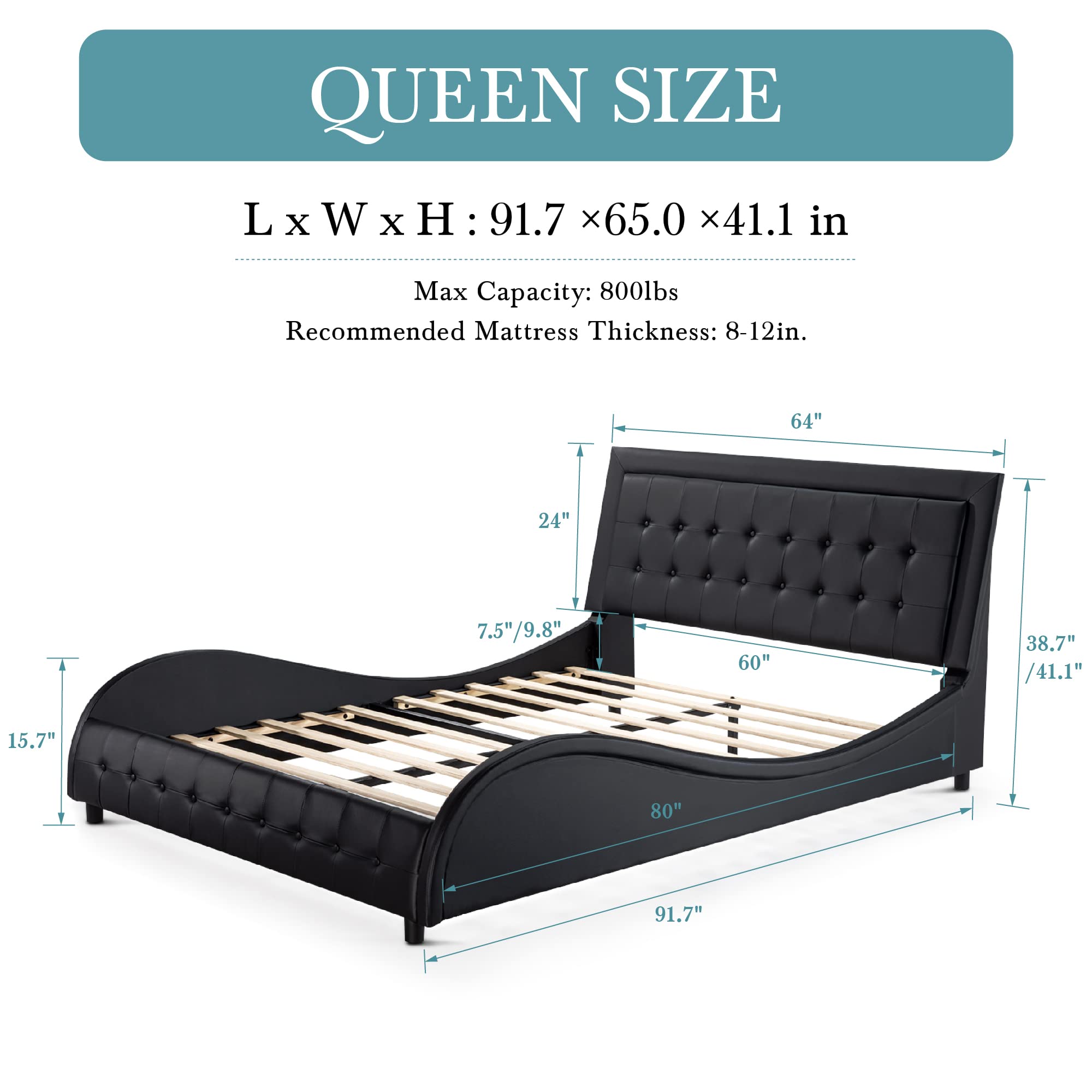 HOOMIC Queen Size Platform Bed Frame with Adjustable Headboard, Upholstered Bed, Mattress Foundation, Wood Slat Support, No Box Spring Needed, Easy Assembly, Black