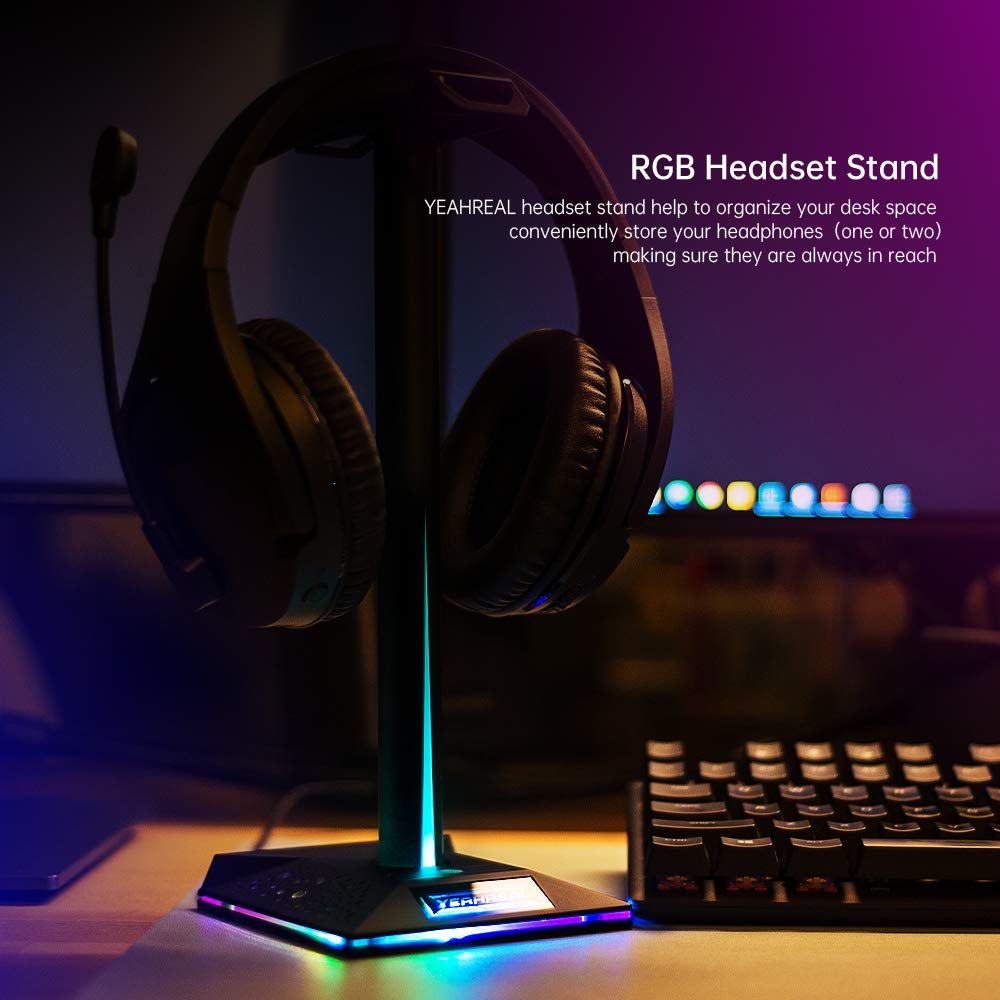 HOWLIWO RGB Stand for Gaming Headphone Headset, with 2 USB 2.0 Ports and 3.5mm AUX Port, Desk PC Game Earphone Accessories.