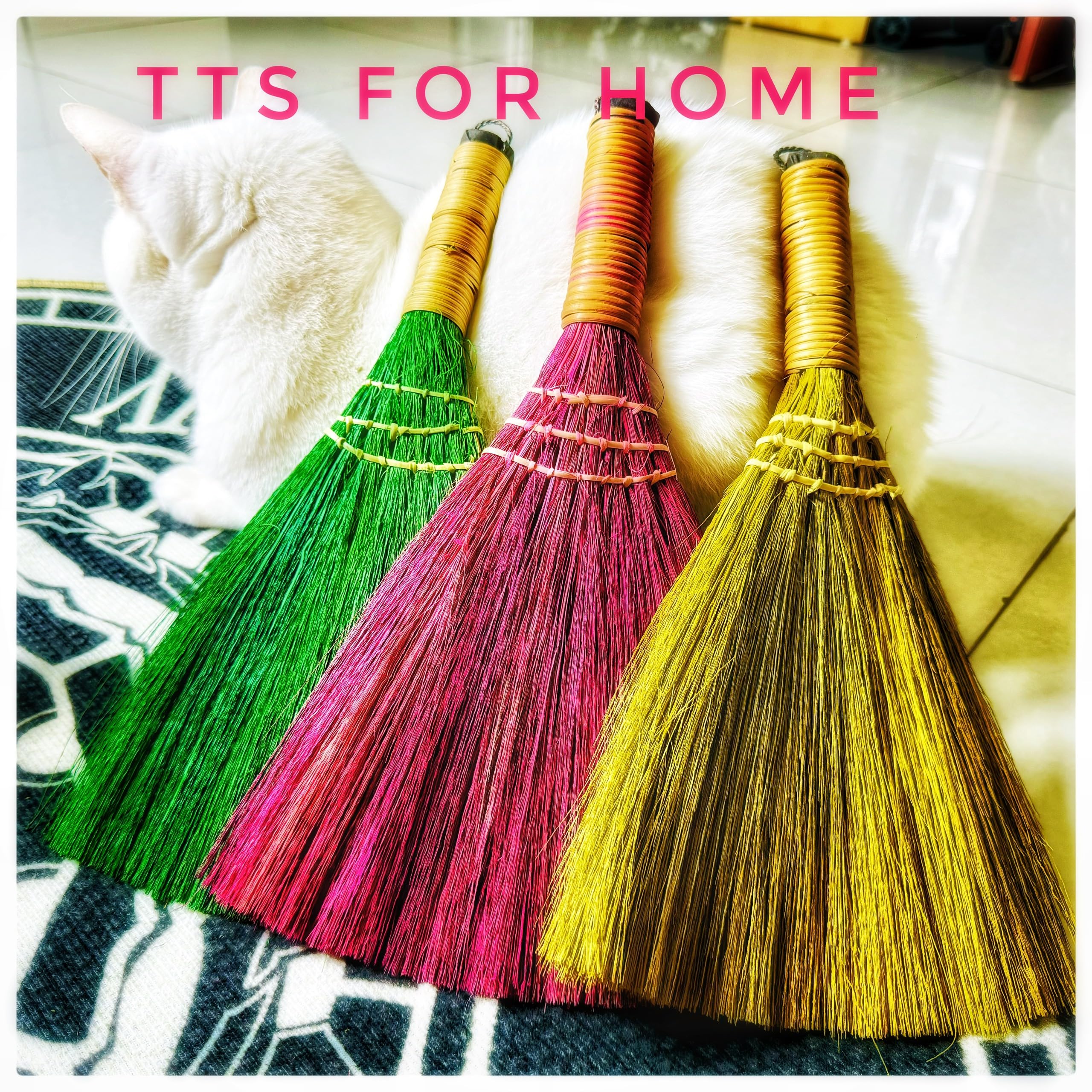 TTS For Home Set of 3 Broom for Kid - Vietnamese Color Natural Straw Soft Broom - Small Whisk Broom (13.19 inch Length, 8.66 inch Width)