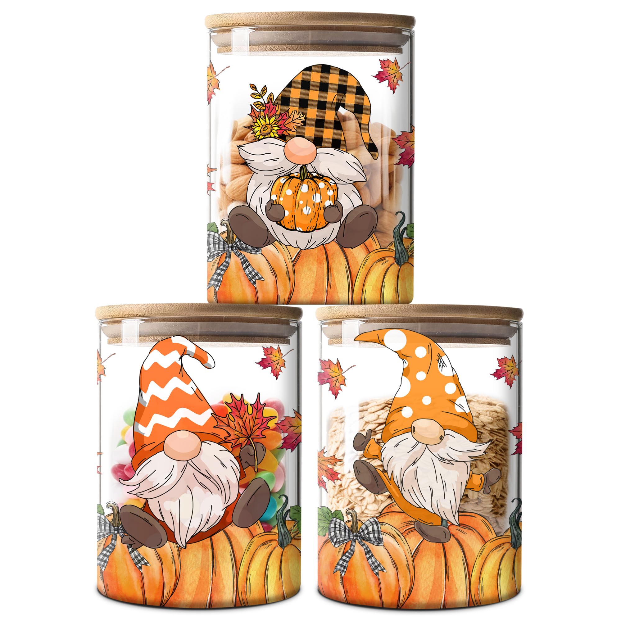 Fall Decor 3 Pack Glass Storage Jars with Airtight Bamboo Lid-Fall Pumpkin Gnomes Canisters Sets for Kitchen Countertop Autumn-Clear Fall Glass Storage Jars for Coffee Bean, Cookie, Candy, Tea, Flour
