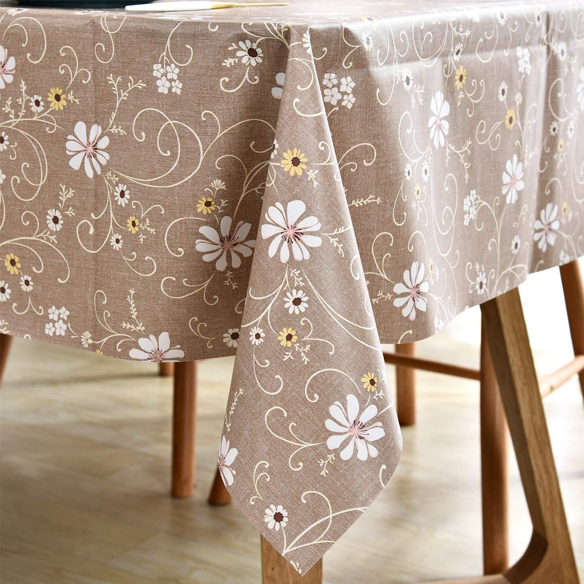 Fall Vinyl Waterproof Tablecloth, Rectangle Plastic PVC Oilcloth Tablecloths Wipeable Table Cloth Cover for 6 Foot Folding Tables, Kitchen, Dining Room Table, Crafting Tan Floral, 54 x 72 Inch