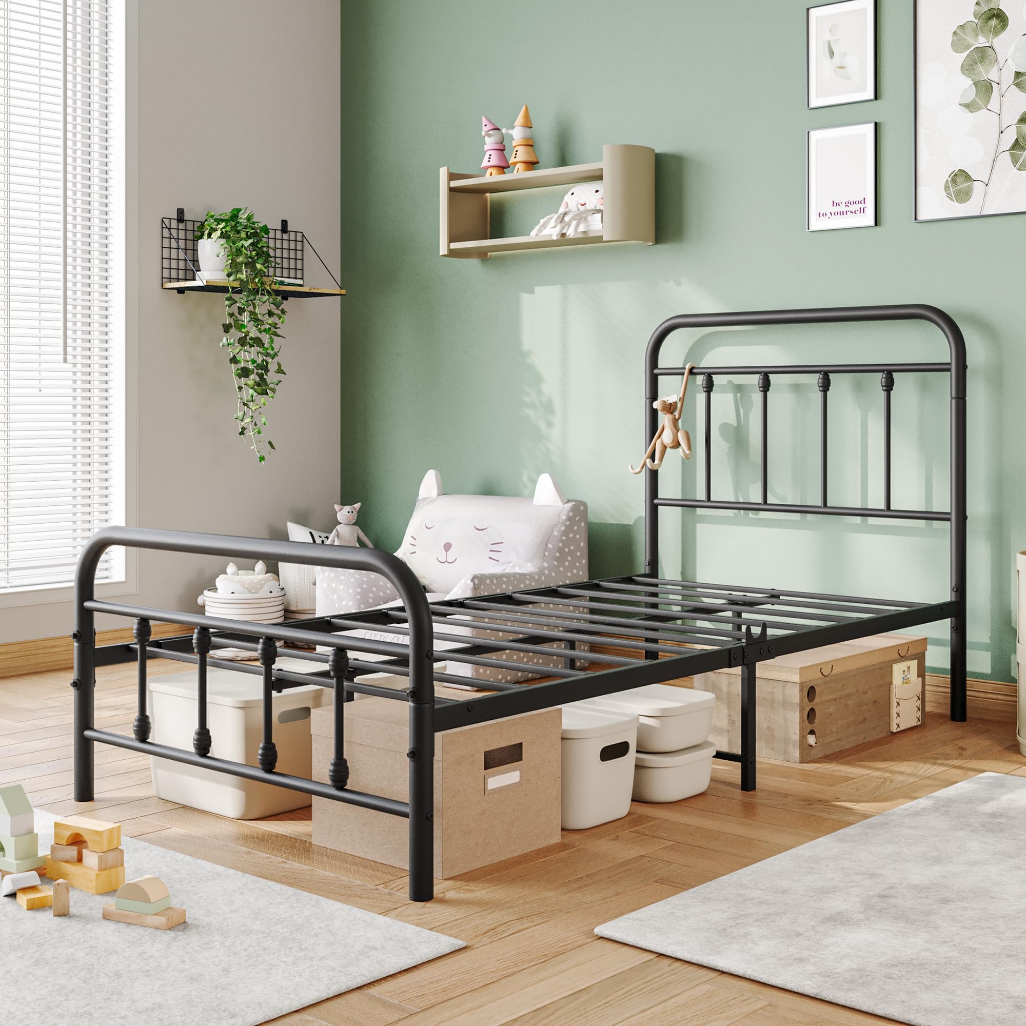 Elegant Home Products King Bed Frame with Headboard and Footboard,Metal Platform Bed Frame King Size,No Box Spring Needed,Mattress Foundation,Sturdy Steel Slat Support,Easy Assembly,Black