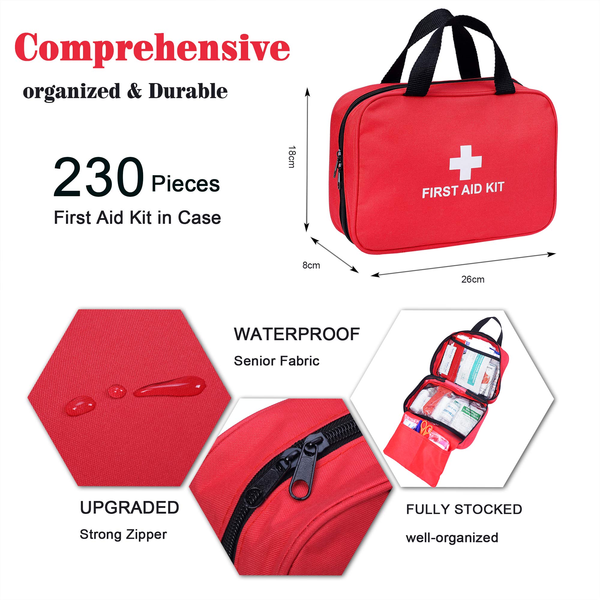 First Aid Kit - 230 Piece - for Car, Home, Travel, Camping, Office or Sports | Red Bag/Reflective Cross, Fully Stocked with Essential Supplies for Emergency and Survival