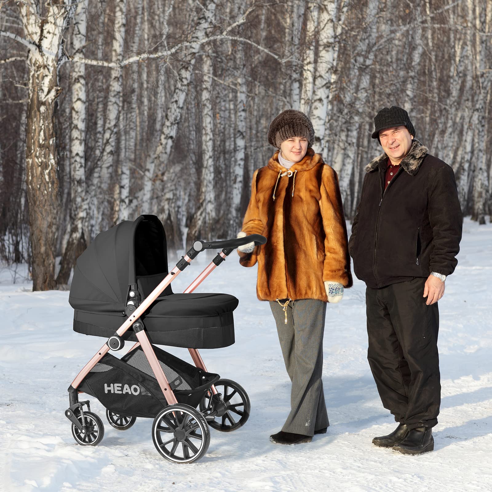 HEAO Baby Stroller Bassinet Carriage Combo 360 Rotation 4-in-1 Shock-Resistant High Landscape Pram Infant Stroller for Newborn and Toddler,Black