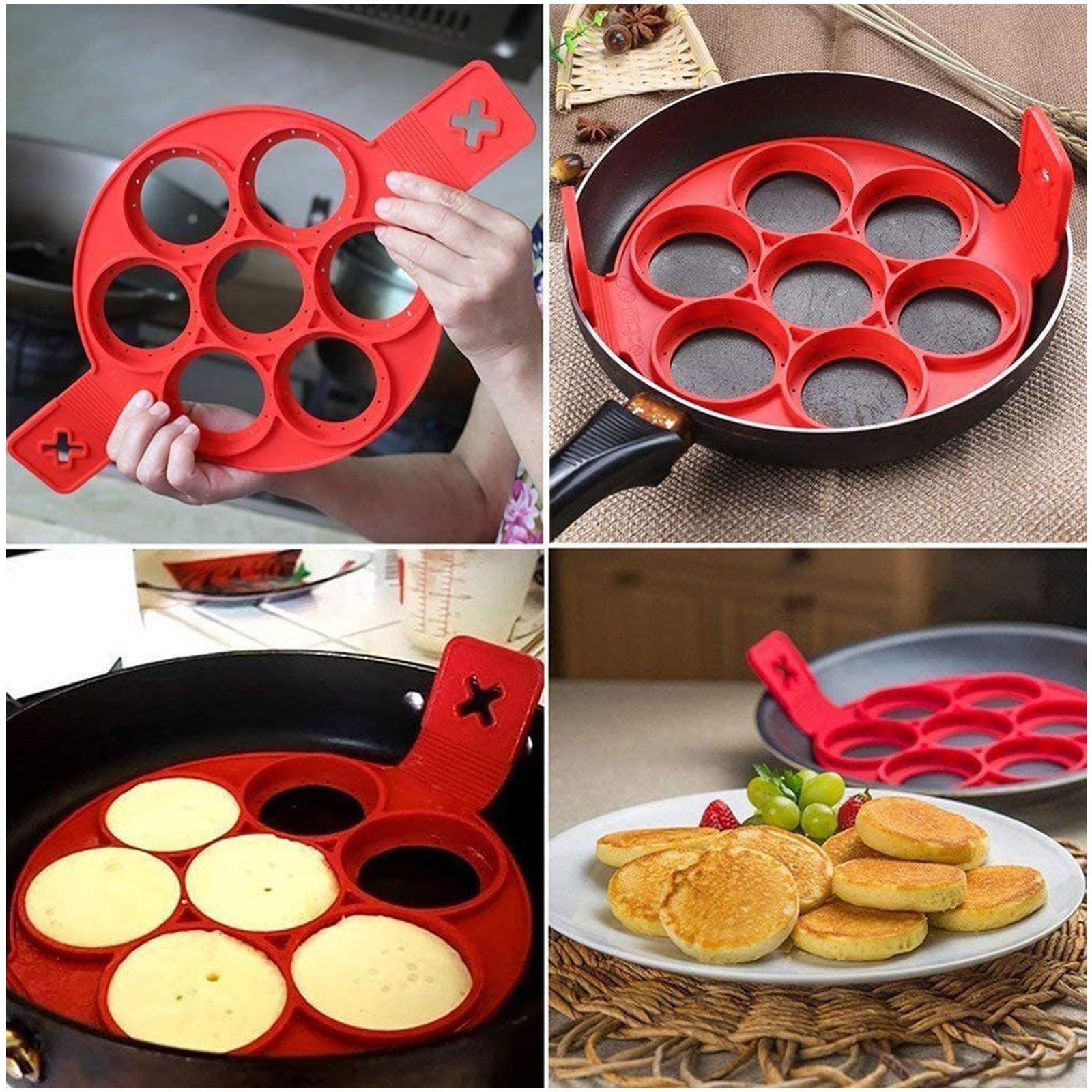 Omczkwy Flip N Cook Silicone Pancake, Flip'n'cook Pancake, Flip and Cook Pancake Maker, Flip and Cook Silicone Pancake Maker, Non Stick, Reusable (red-B)