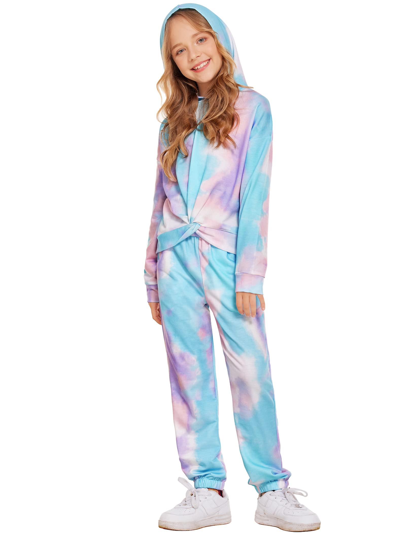 Hopeac Girls 2piece Hoodies Pant Set Tie Dye Long Sleeve Pullover and Casual Sweatpants Relaxed Comfy Cute Tracksuit Workout Outfits