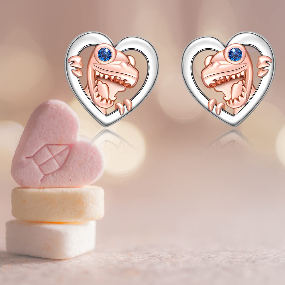 Heart Dinosaur Earrings Sterling Silver Studs for Cute Crystal Sapphire Jewelry Women's Statement Hypoallergenic Animal Valentine Gift