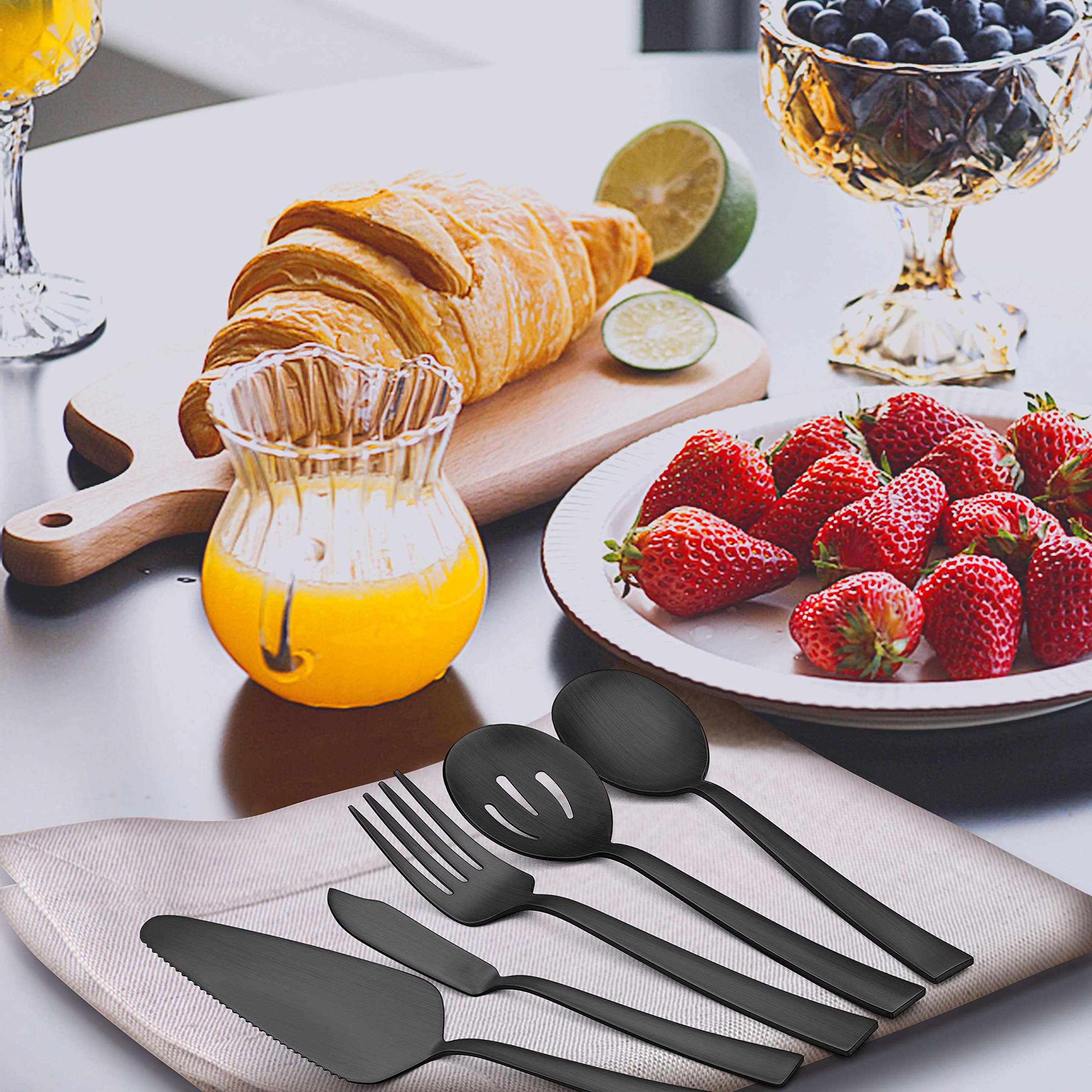 Herogo 53-Piece Matte Black Flatware Set with Steak Knives & Serving Utensils, Stainless Steel Square Silverware Cutlery Set for 8, Unique Tableware Eating Utensils Set, Satin Finish, Dishwasher Safe