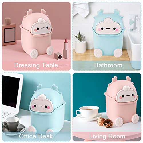 QLFJ-FurDec Cute Desktop Trash Can Wastebasket with 90 Trash Bags, Creative Tiny Countertop Garbage Can with Flip Lid, Small Plastic Storage Bin for Bedroom Bathroom Living Room Dressing Table(Pink)