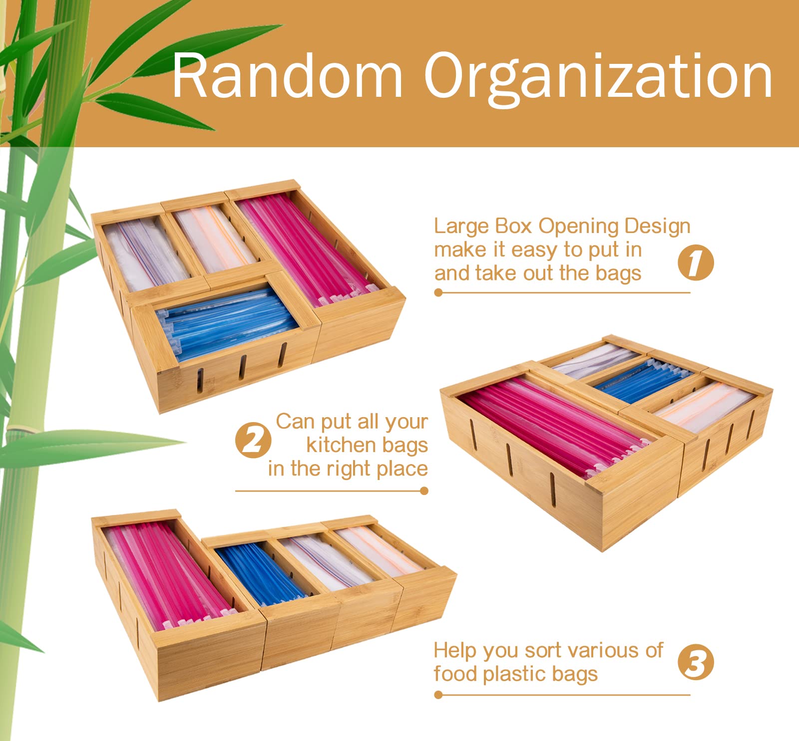IVONNEY Bag Storage Organizer, Bamboo Food Storage Plastic Bag Organizer Drawer, Sandwich Bag Holder, Snack Gallon Quart Baggie Organizer Fit for Ziploc Hefty Glad Solimo Bags