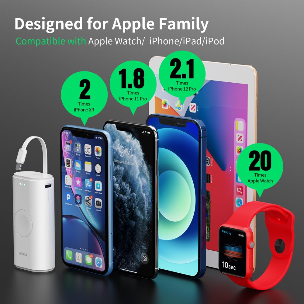 iWALK Portable Charger for iWatch, 9000mAh Power Bank with Built in Cable, Battery Pack Charger Portable Compatible with Apple Watch Series 8/7/6/Se/5/4/3/2, iPhone14/13/12/12 Pro Max/ 11/6s