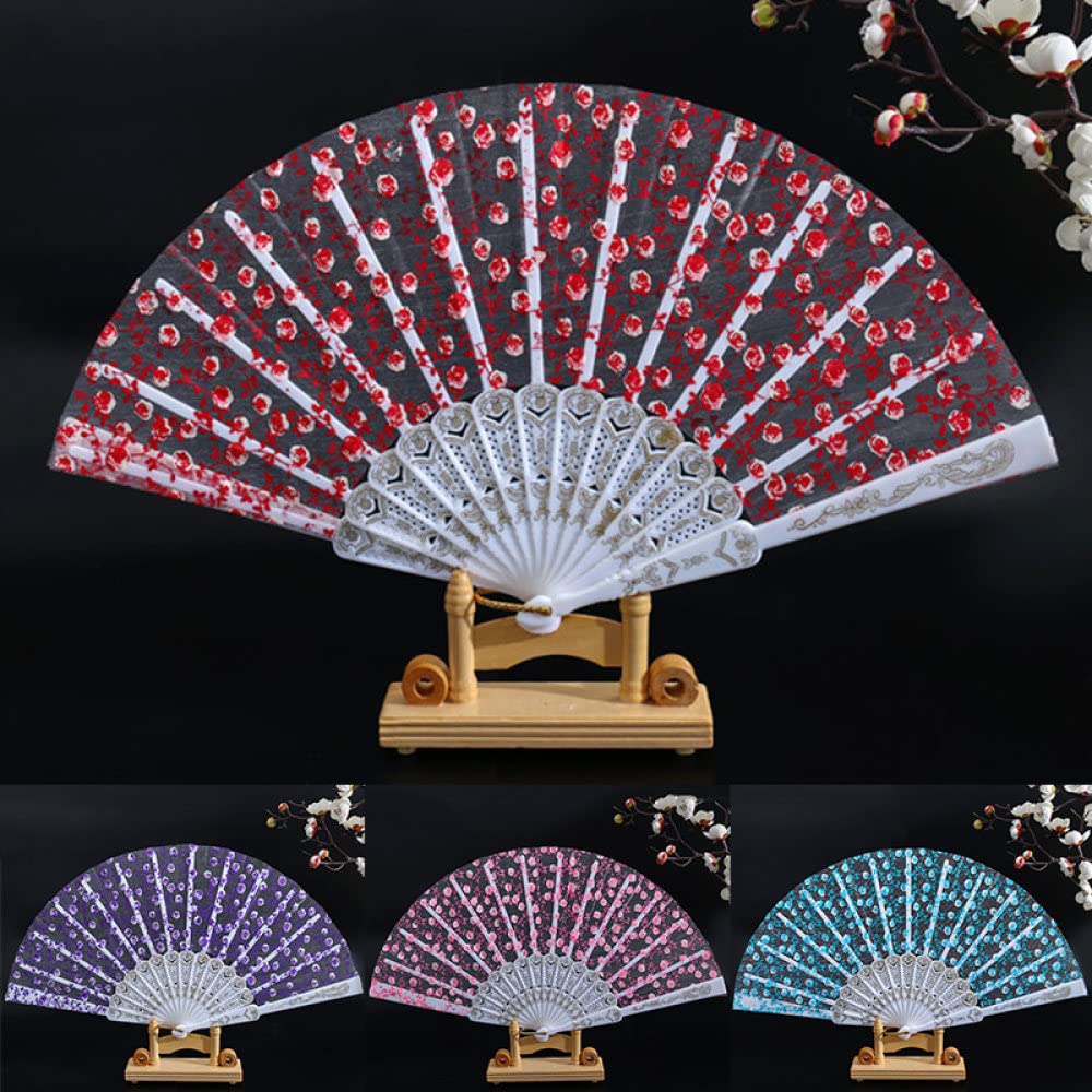 Hand Fans for Women Foldable, 4Pc Folding Hand Fan Elegant Floral Silk Fans Exquisite Large Portable Chinese Fan Summer Handmade Home Decorative Folding Fans for Dance Wedding