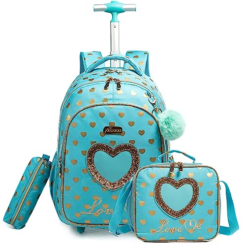 Oruiji Rolling Backpack for Girls Backpack with Wheels for Elementary Primary School Student Rolling Backpack with Lunch Bag Set