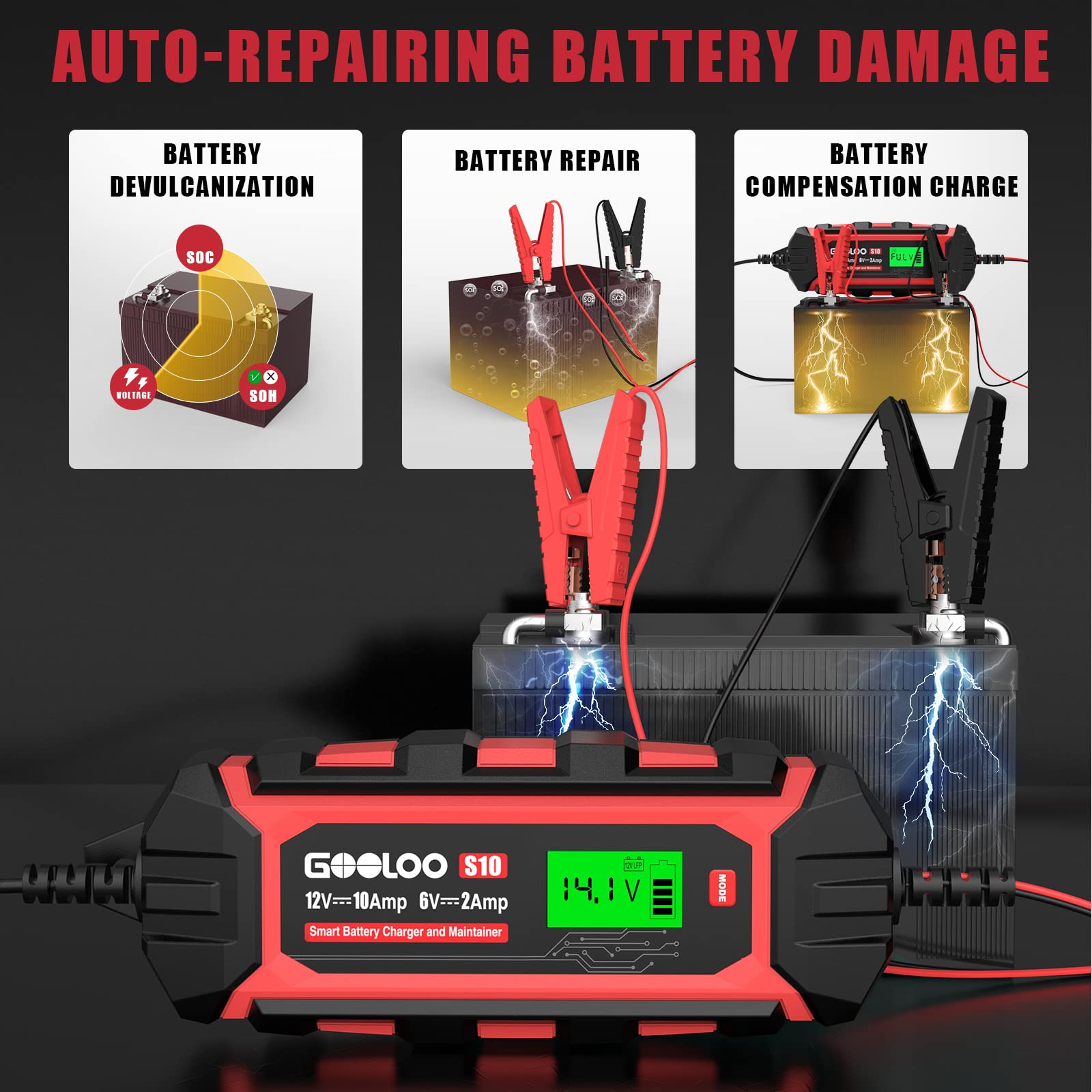 GOOLOO 10-Amp Car Battery Charger, 6V and 12V Fully Automatic Battery Charger Maintainer, Trickle Charger, Supersafe Smart Battery Desulfator for Lead-Acid Batteries(S10)