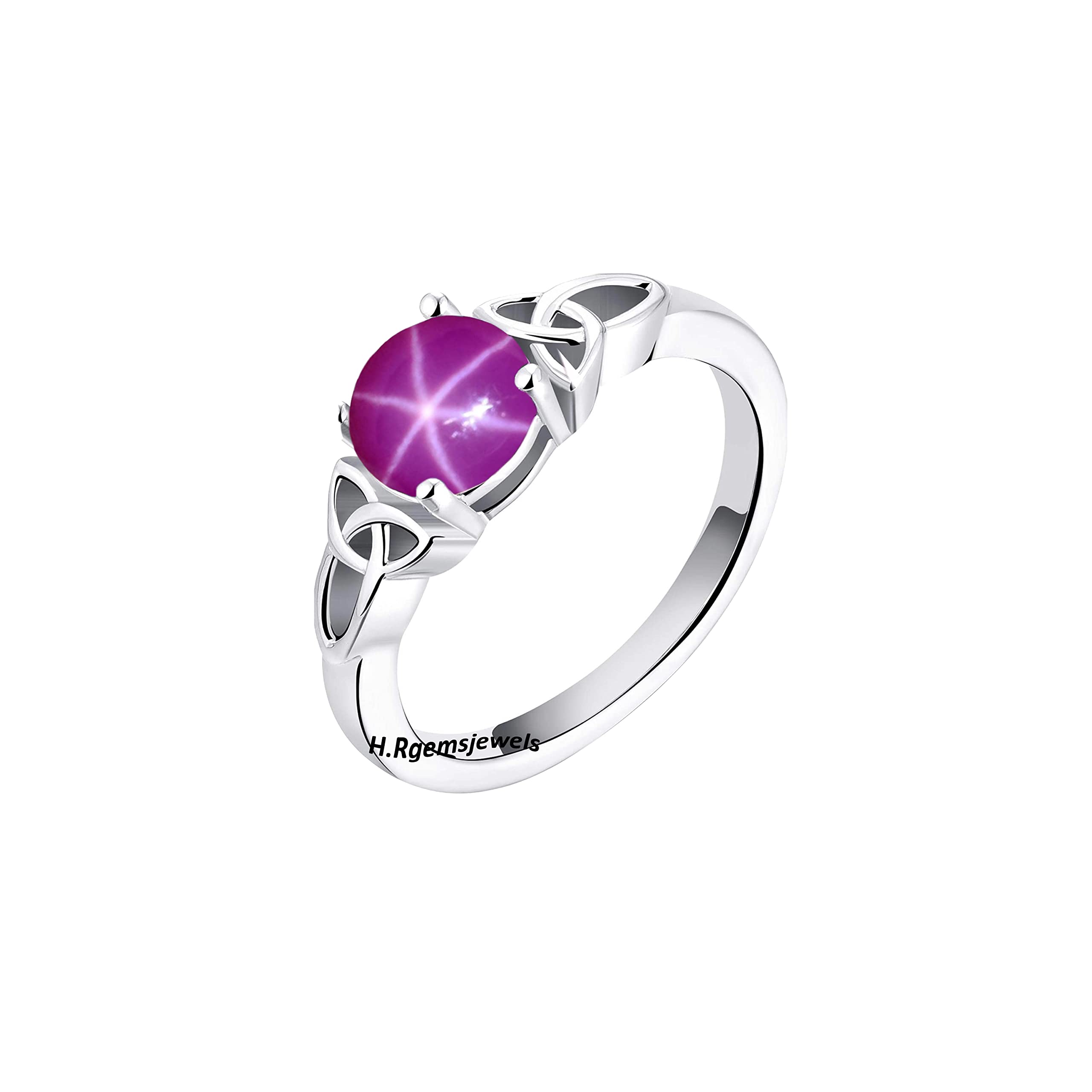 HRG Pink Star Sapphire Ring 6mm Round Cabochon Ring Wedding Ring Ring 925 Sterling Silver Ring (Sterling Silver, 8)