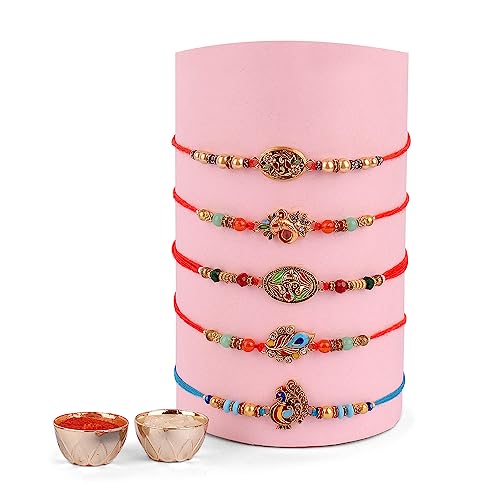 SATVIK 5 Pc Rakhi for Brother Bhaiya Bhabhi Traditional Handmade Assorted Designer Rakhi Set Roli Chawal, Greeting Card & Soun Stickers Rakhi Thread Rakhdi Bracelets Rakshabandhan