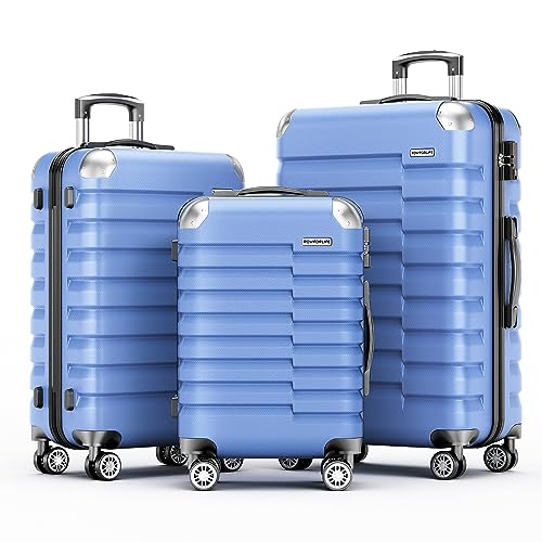 Powforlife Suitcase Sets Hardside With Double Spinner TSA Lock 3 Piece Travel Luggage Set Lightweight, Light Blue