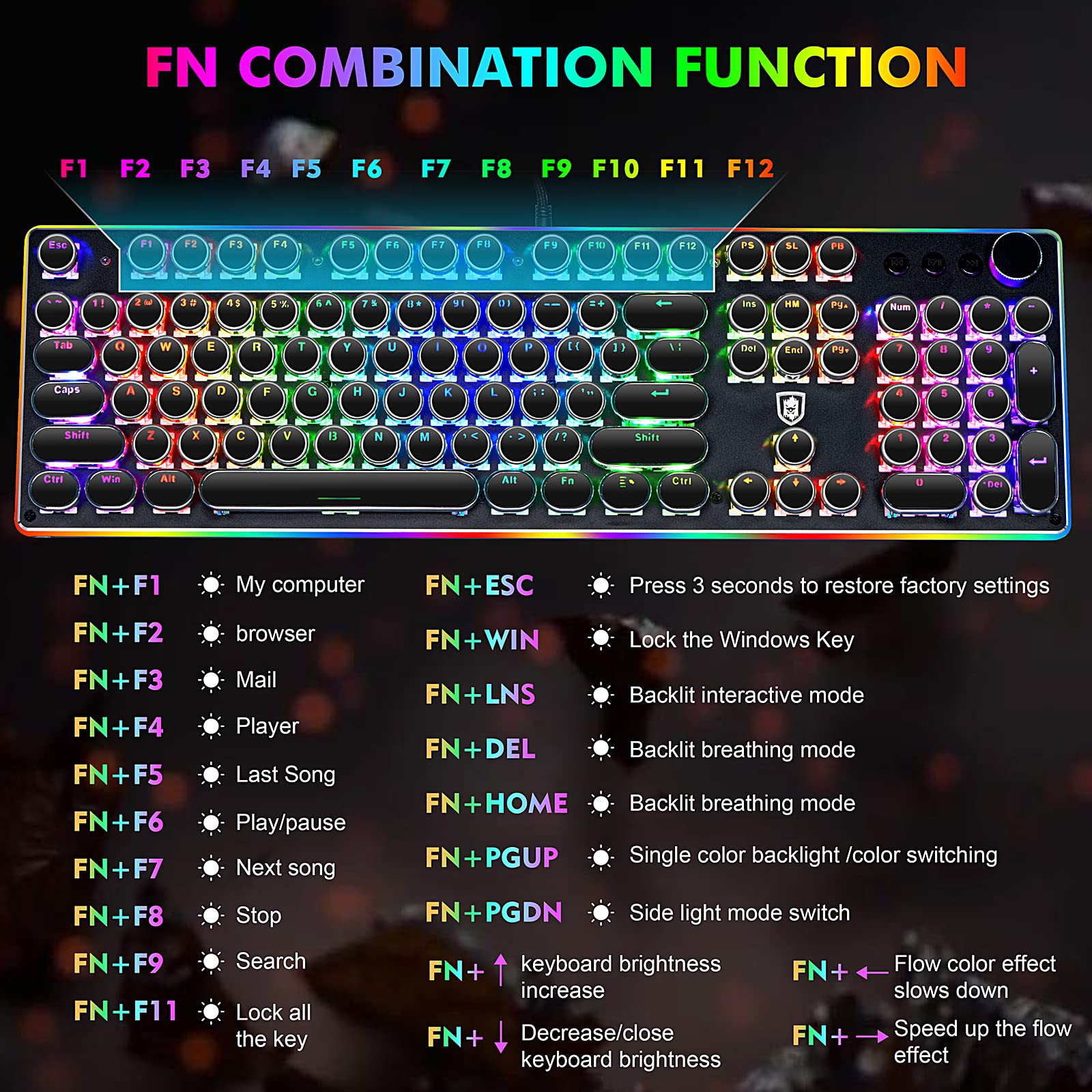 KOLMAX HUNTER Typewriter Style Mechanical Gaming Keyboard,RGB Backlit Wired Gaming Keyboard with Blue Switch Retro Steampunk Round 104 Anti-ghosting Retro Round Keycaps for Windows/Mac/PC
