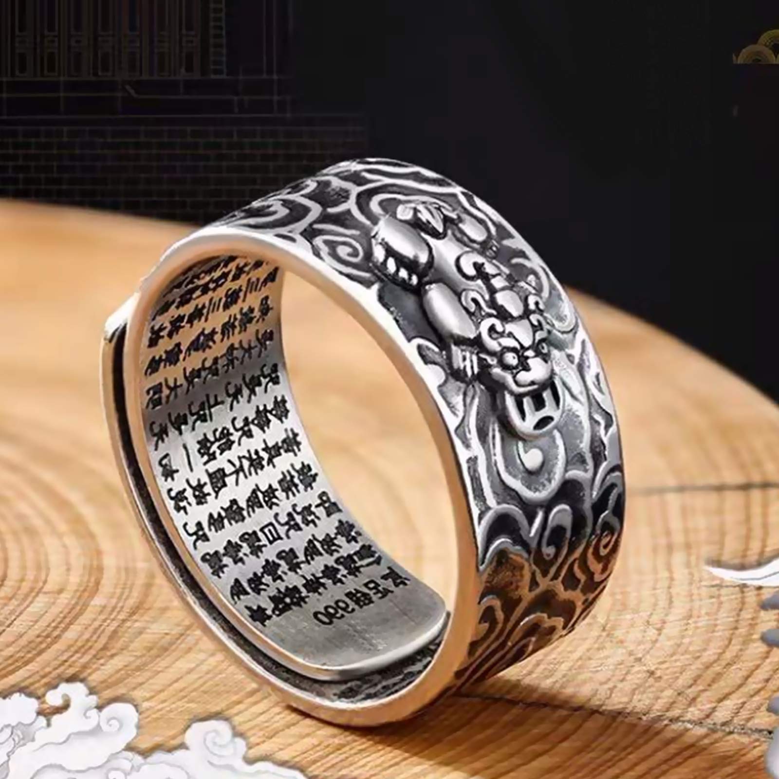HJ HUAJ Feng Shui PiXiu Mantra Rings Protection Wealth Ring Adjustable Ring for Men Women