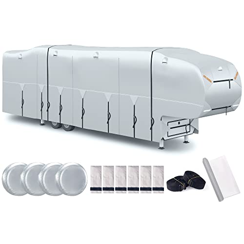 SELIMON 300D Top 5th Wheel RV Cover Rip-Resistent & Waterproof Winter Camper Cover with Anti-UV Silver Coating Fits 29' to 33' Toy Hauler