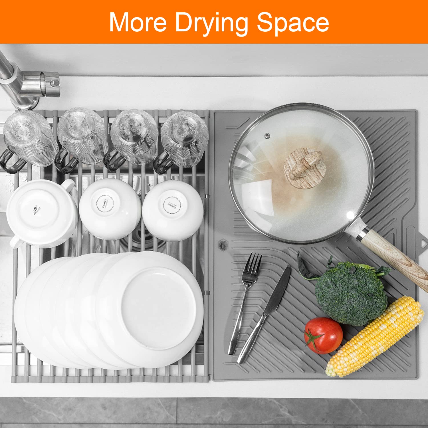 IWORD Roll Up Dish Drying Rack with Mat Combo,Splitted Drying Mat & Dish Drying Rack,Versatile Roll Up Sink Drying Rack with A Drain Hole for Easy Water Drainage, Silicone Mat for Kitchen (29" x 20")